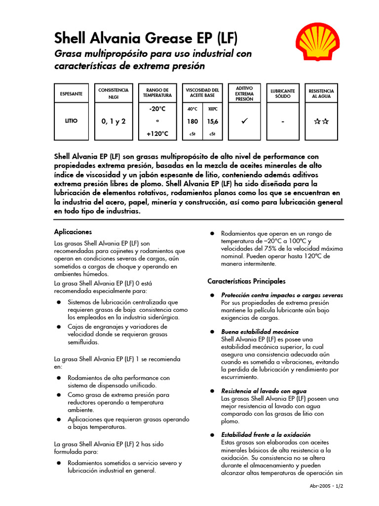 Grasa Shell Alvania EP (LF) para Industria | PDF | Rodamiento (Mecánico ...