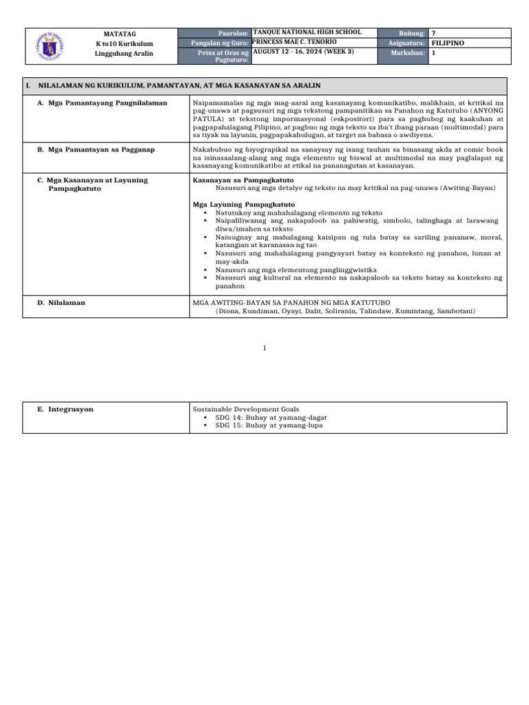 DLL Matatag - Filipino 7 q1 w3 | PDF