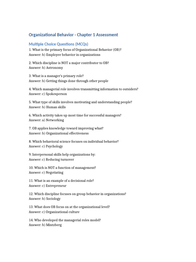 Organizational Behavior MCQ Assessment | PDF | Motivation | Motivational
