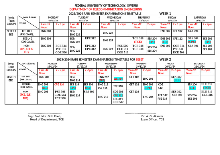 1a. Urgent Update Eee Seset (01) 2023-2024 Rain Exam Timetable (Aoa ...