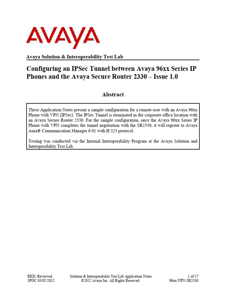 Configuring An IPSec Tunnel Between Avaya 96xx Series IP Phones and The Avaya Secure Router 2330 ...