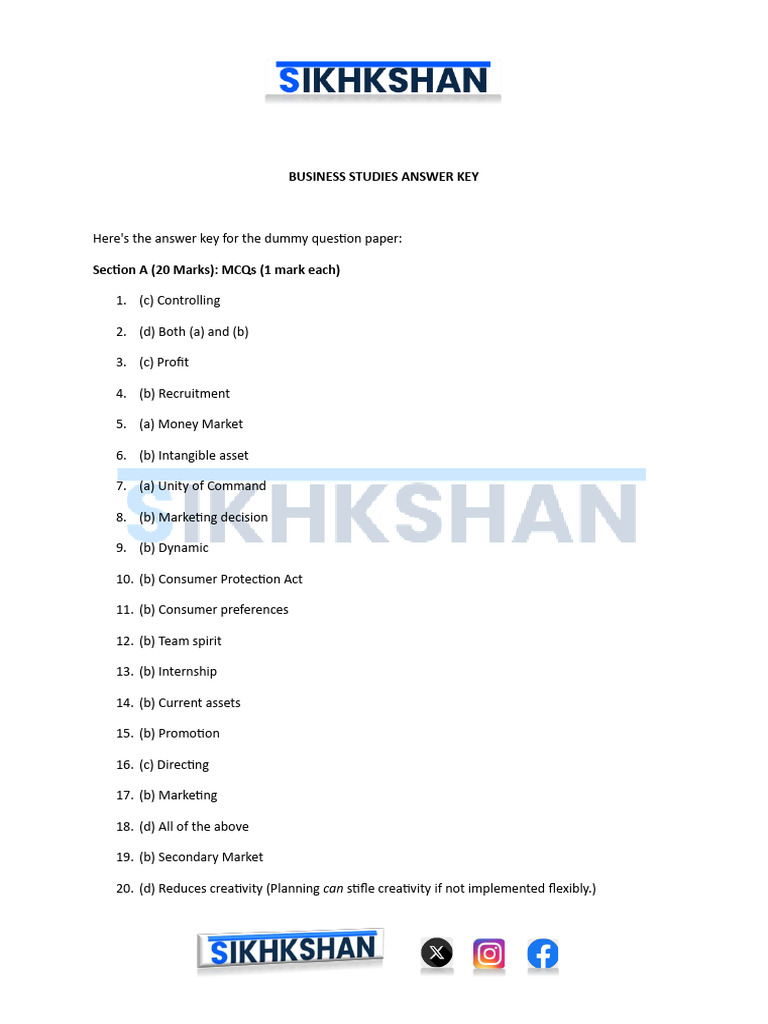 Business Studies Answer Key Guide | PDF | Marketing | Financial Economics