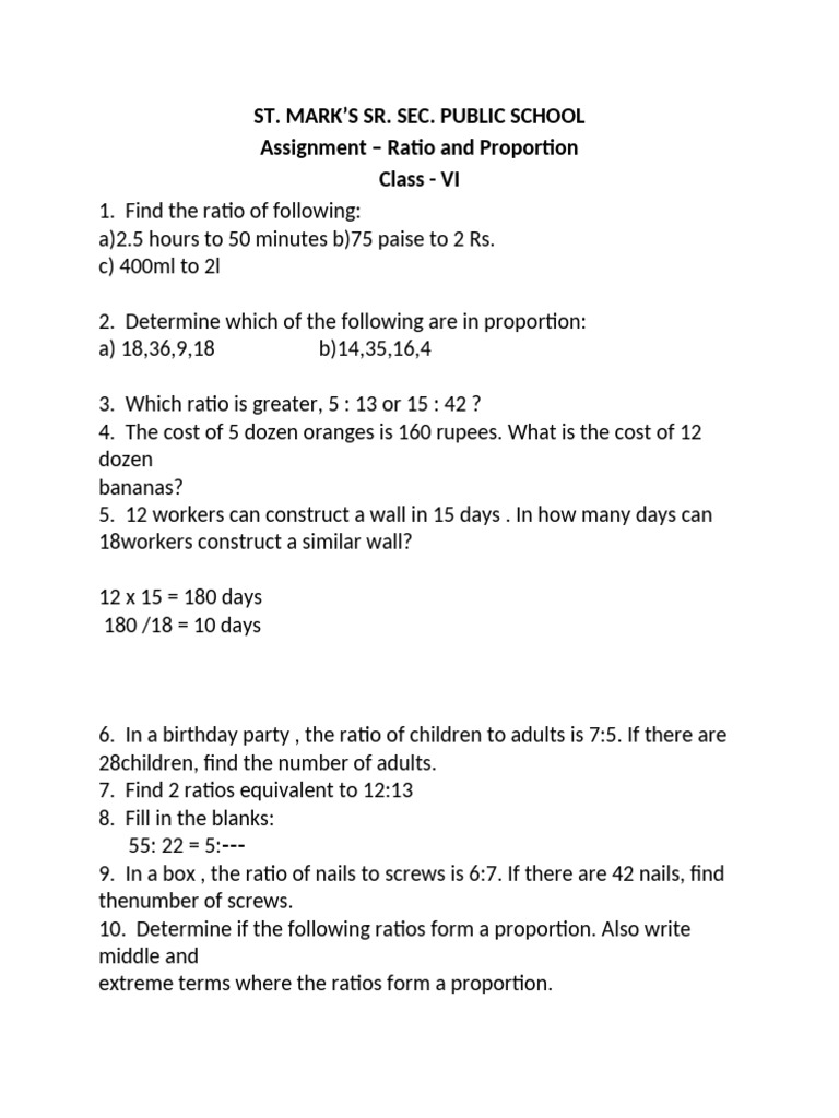 Grade 6 Assignment: Ratios & Proportions | PDF