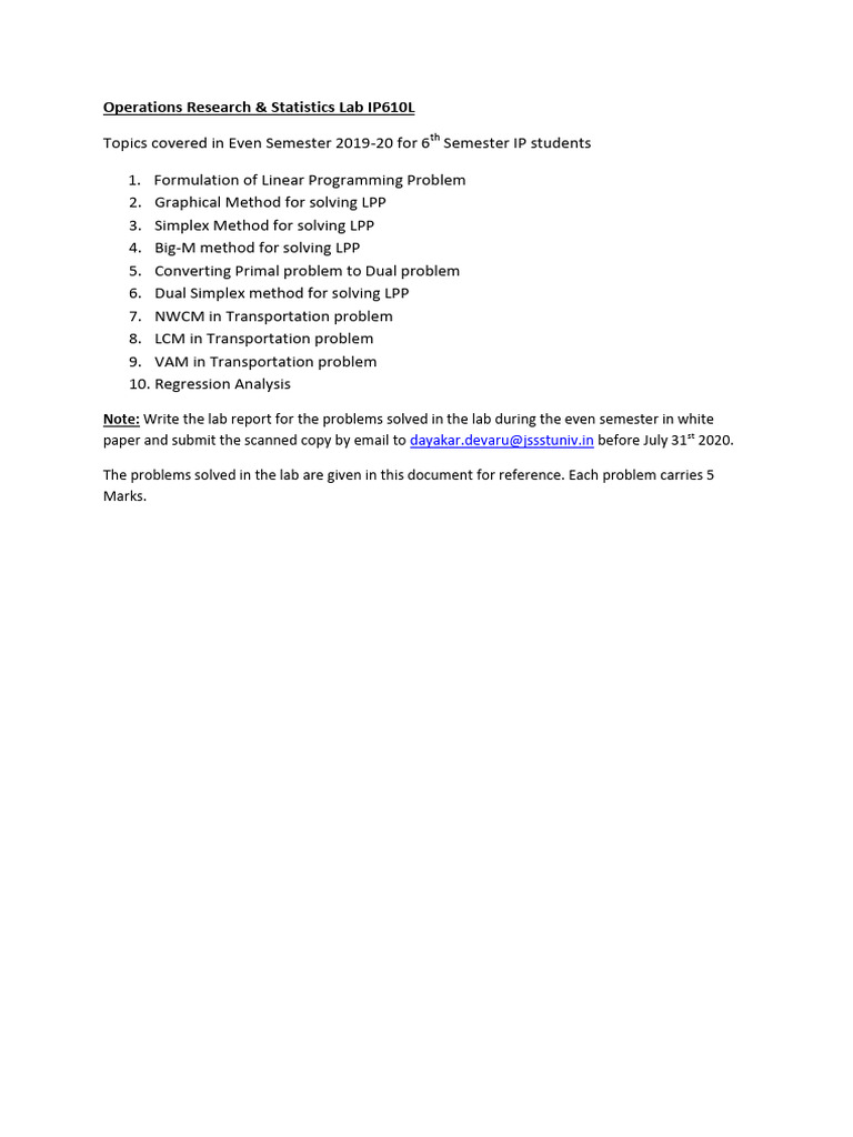 Operations Research Statistics Lab IP610L | PDF | Linear Programming ...