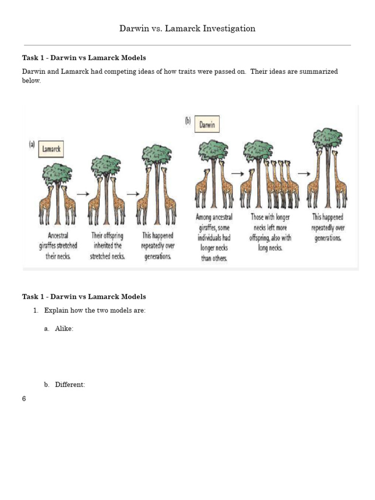 Darwin Vs Lamarck Investigation | PDF | Evolution | Natural Selection