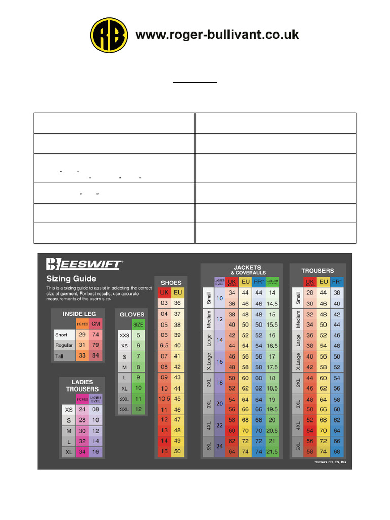 PPE Size Chart and Guidelines | PDF