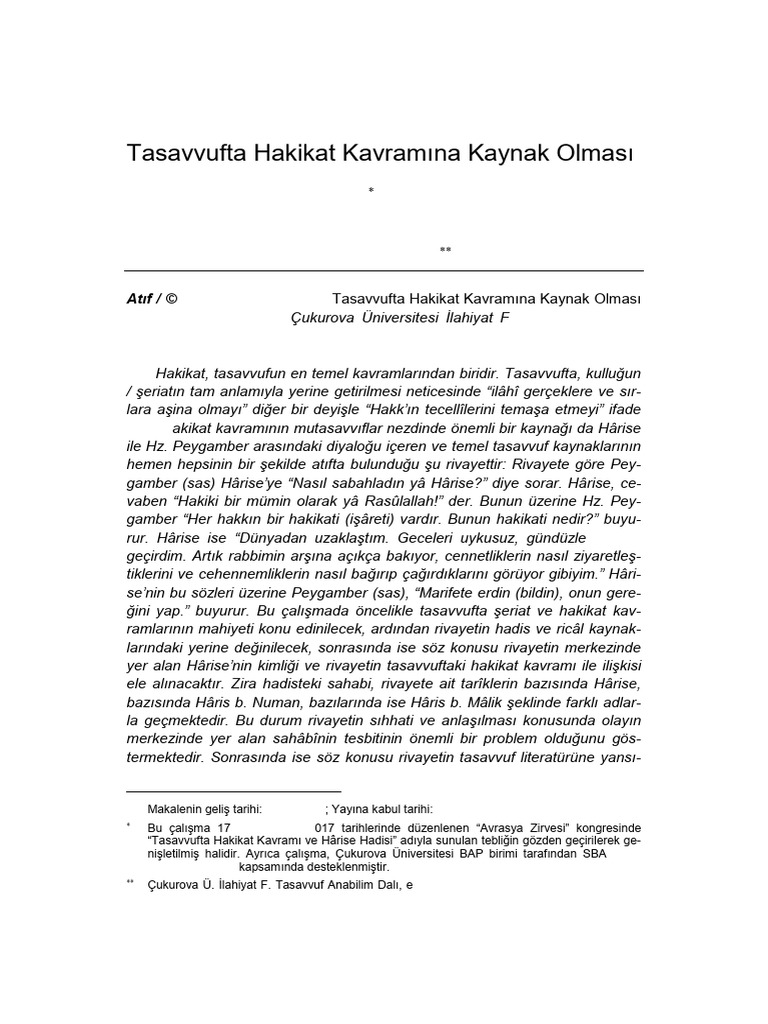 Tasavvufta Hakikat Kavram - Na Kaynak Olmas - Y - N - Yle H - Rise Hadisi (#372980) - 395686 | PDF