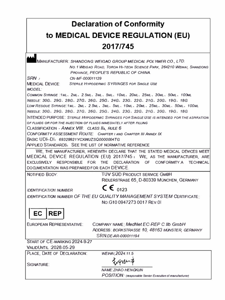 WGGF-CER-ZSQ-06 EU Declaration of Conformity Sterile Hypodermic ...
