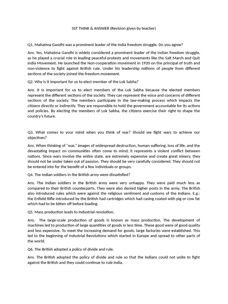 SST Think and Answer | PDF | Indian Independence Movement | Mahatma Gandhi
