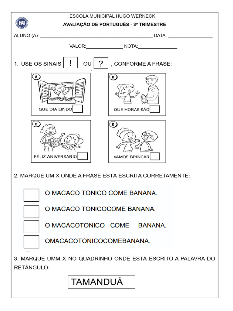 Avaliação de Portugues 3 Trimestre Ultima | PDF