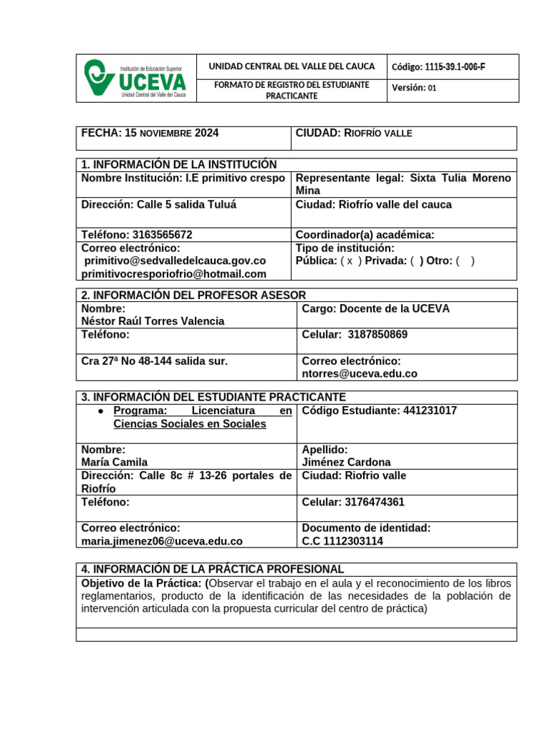 1115389-045 Formato de Registro Del Estudante Prácticante | PDF