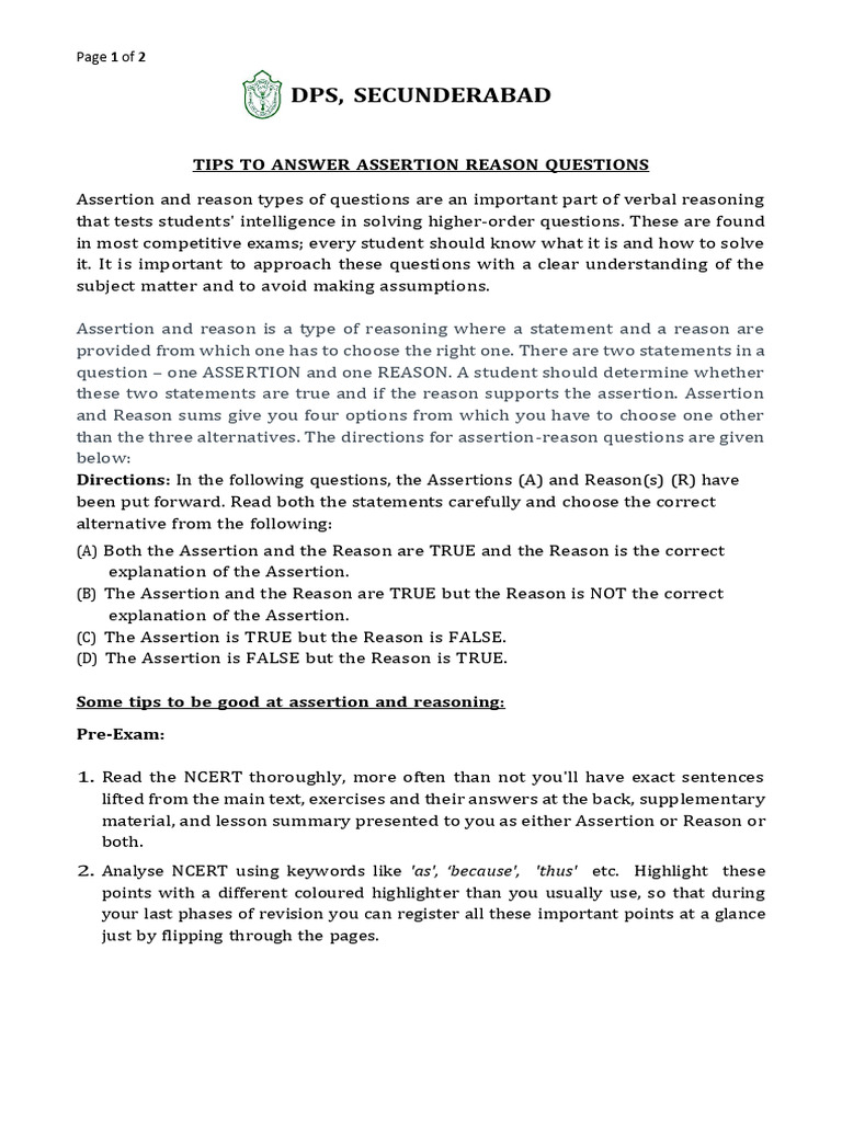 ASSERTION REASONING QUESTIONS - TIPS (1) | PDF | Reason | Truth