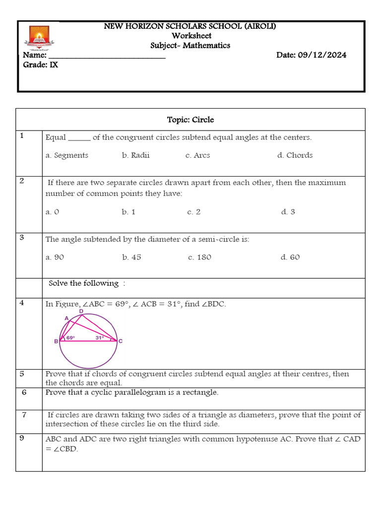 Grade IX Circle Worksheet | PDF