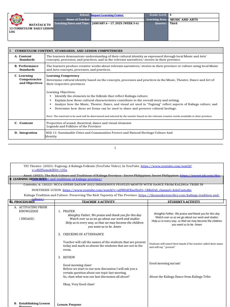 Grade 4 Music and Arts Lesson Plan | PDF | Folklore | Curriculum