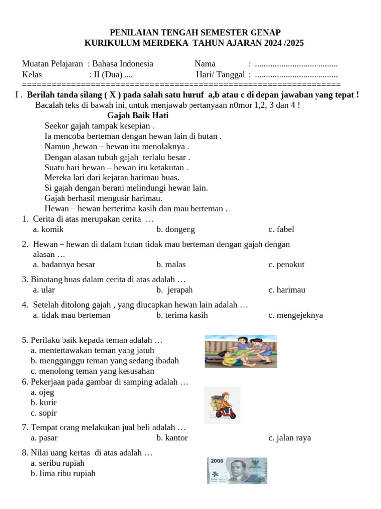 Naskah Soal PTS B. Indonesia Kls2 2024 | PDF