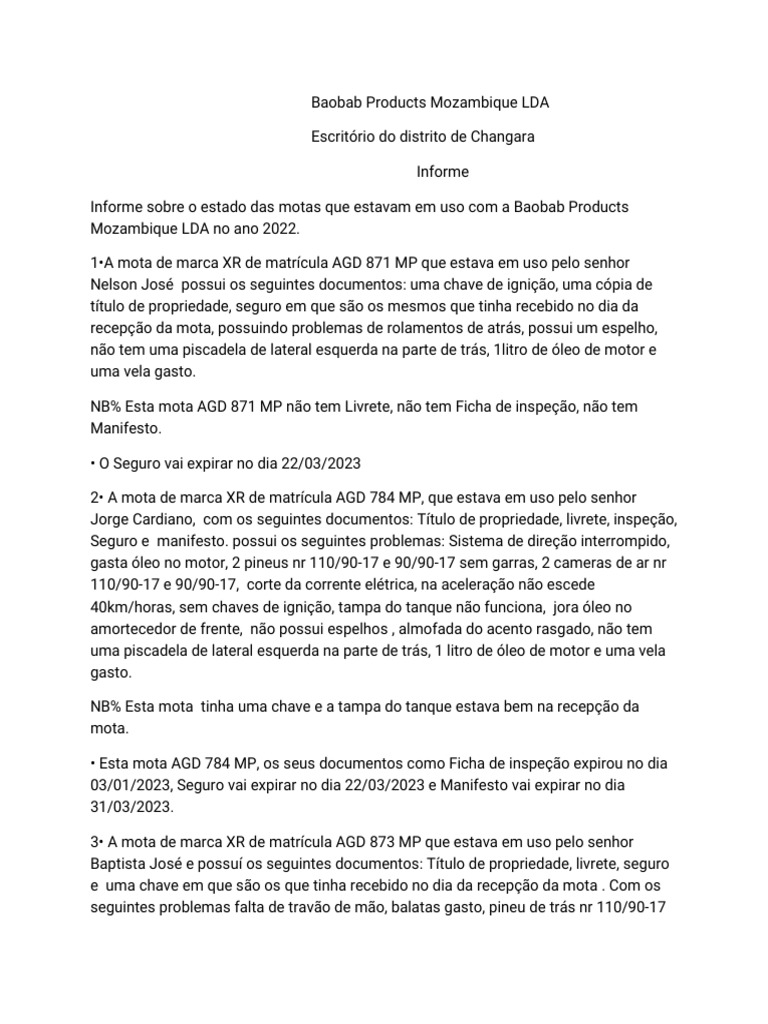 Relatório de Motas Baobab 2022 | PDF