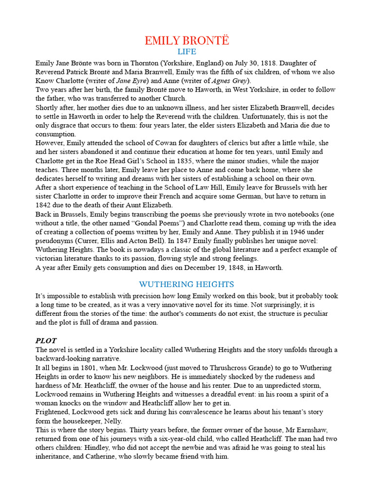 Emily Bronte and Wuthering Heights | PDF | Emily Brontë | Heathcliff ...