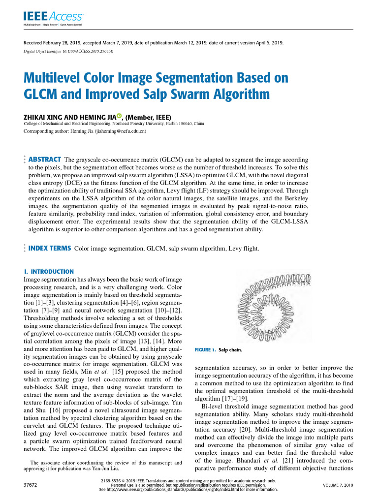 Multilevel Color Image Segmentation Based On GLCM and Improved Salp Swarm Algorithm | PDF ...