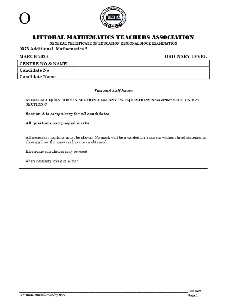 575 P2 Lit Mock Add Maths 2020 | PDF | Force | Friction