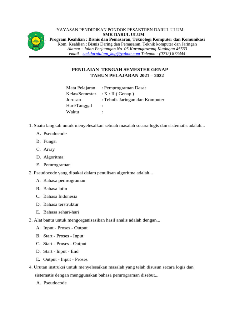 Soal Pemrograman Dasar 2 PAT | PDF