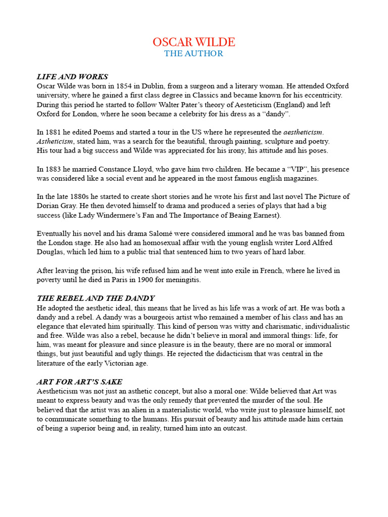 Oscar Wilde: Life, Works, and Aestheticism | PDF | Oscar Wilde | The ...