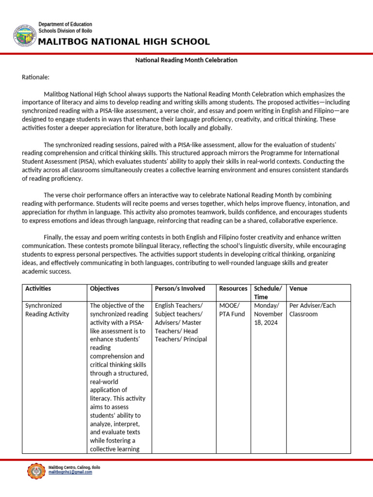 English Reading Month Rationale | PDF | Critical Thinking | Literacy