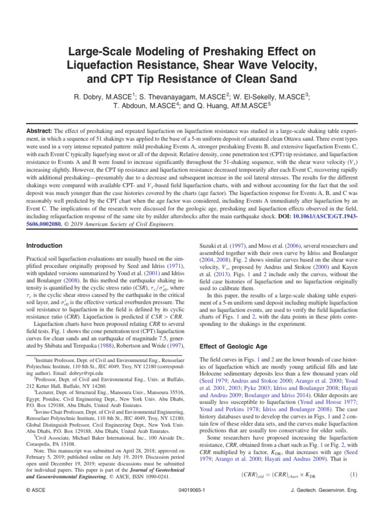 Large-Scale Modeling of Preshaking Effect On Liquefaction Resistance, Shear Wave Velocity, and ...