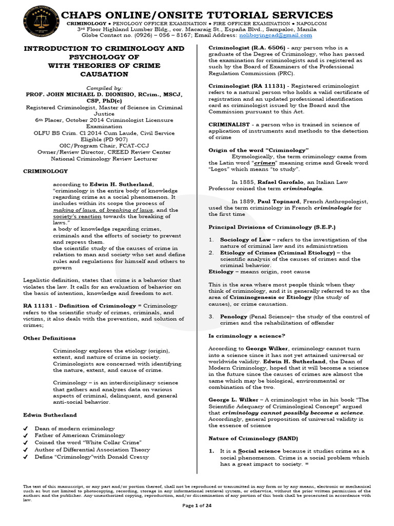 Based Tos Introduction To Criminology and Psychology of Crime Dean Dionisio | PDF | Crimes ...