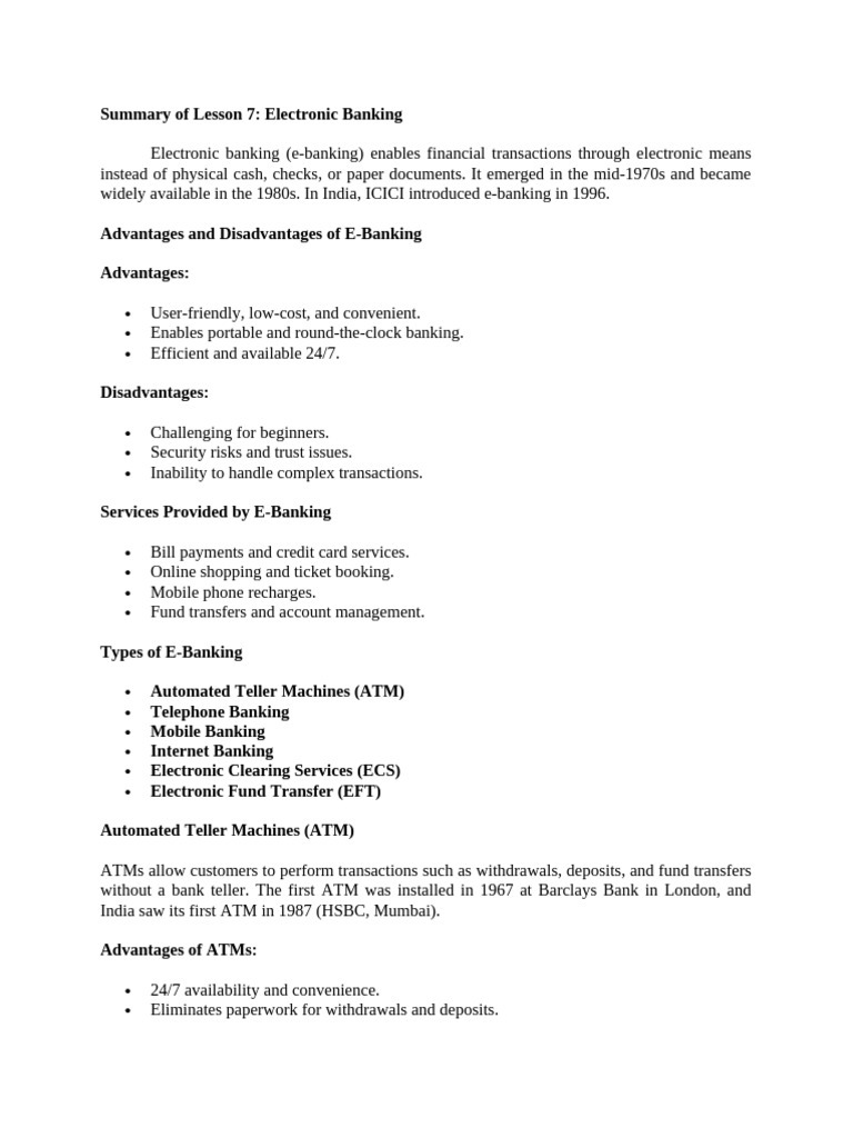 Summary of Lesson 7 - Electronic Banking | PDF | Automated Teller Machine | Debit Card