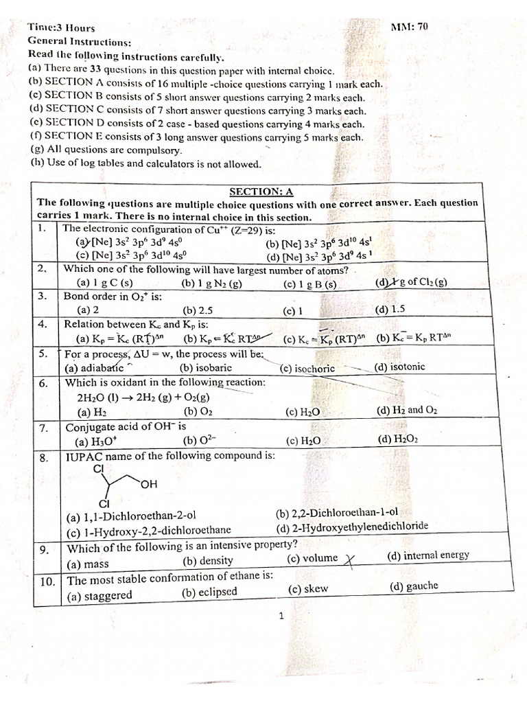 Chemistry Question Paper 1-1 | PDF