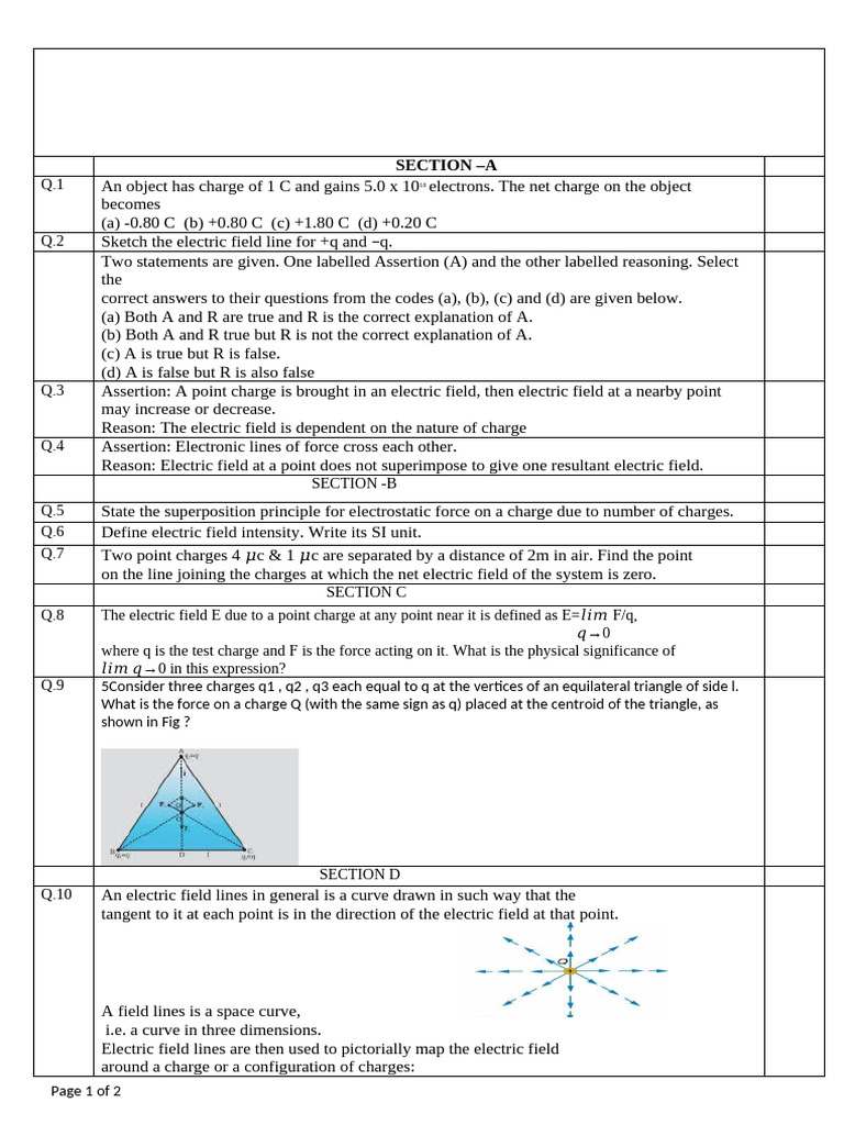 Physics Worksheet 2 Class 12 | PDF | Electric Field | Triangle