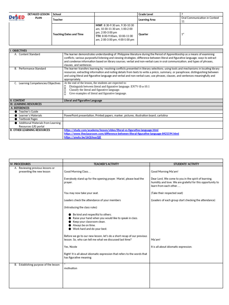 Literal and Figurative DLP | PDF | Learning | Nonverbal Communication