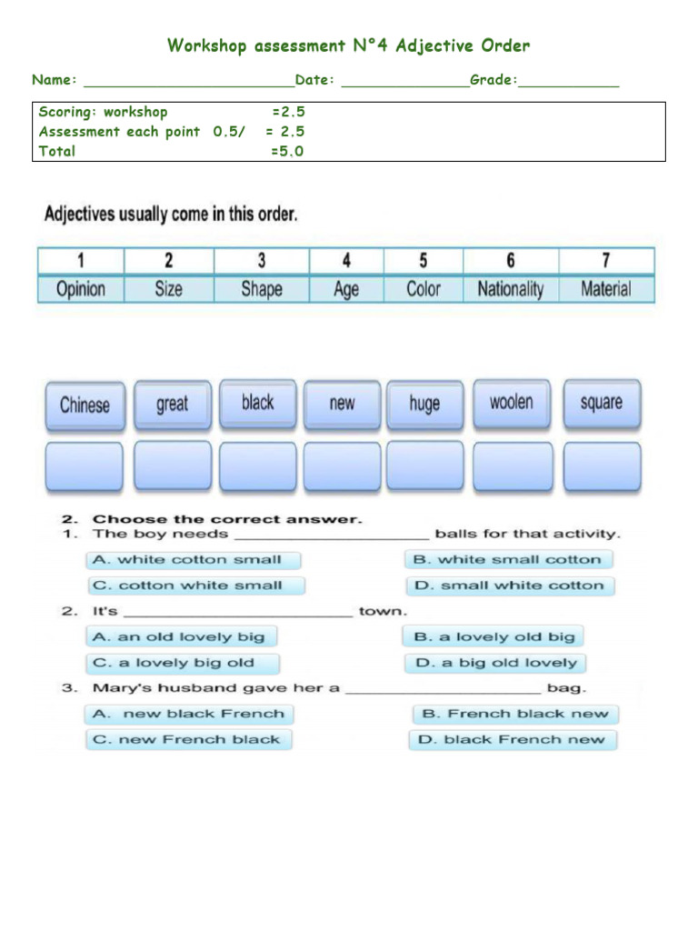 Workshop Assessment N°4 Adjective Order | PDF