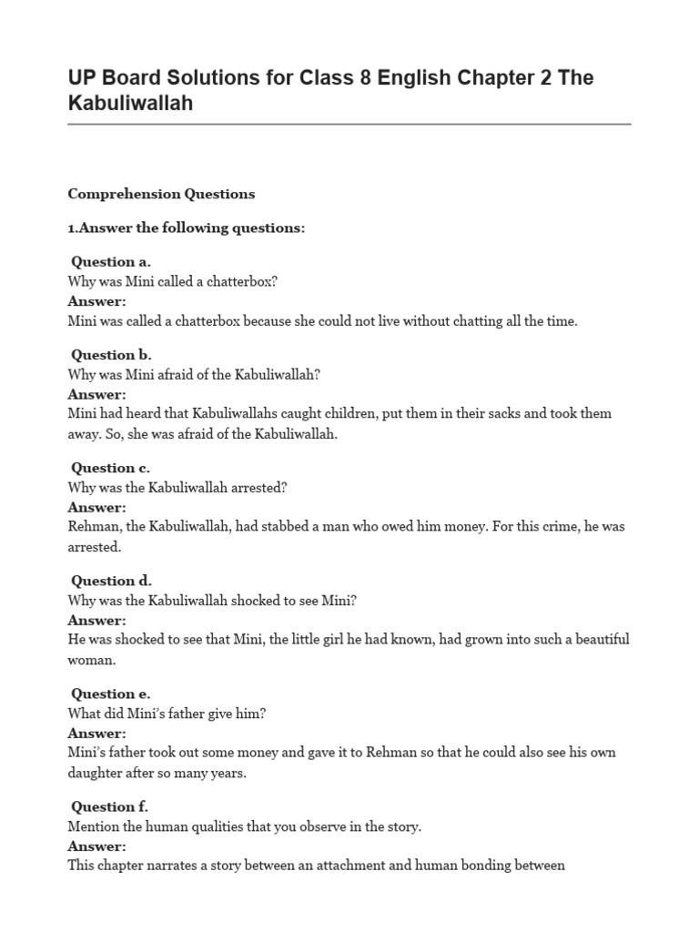 Kabuliwallah Class 8 English Solutions | PDF | Part Of Speech | Syntax