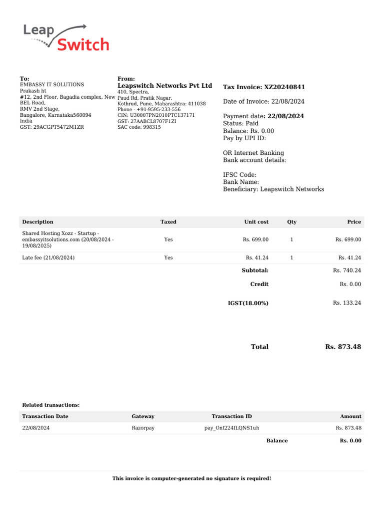 Leapswitch Networks - XZ20240841 | PDF | Invoice | Taxes