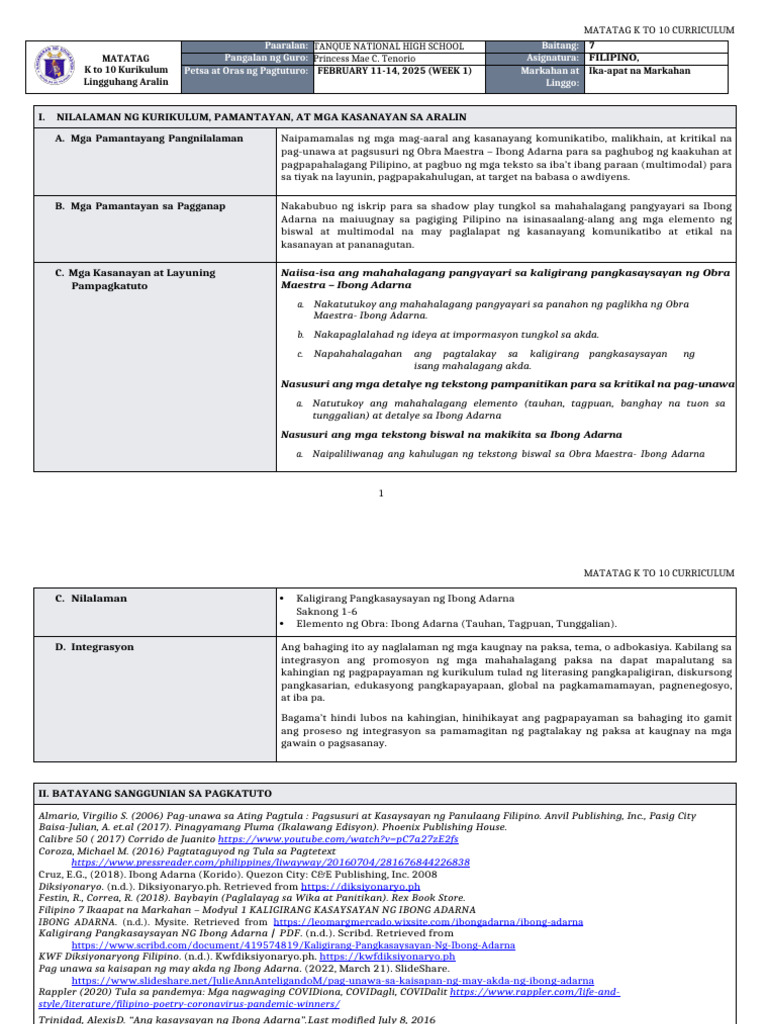 DLL Matatag - Filipino 7 Q4 W1 | PDF