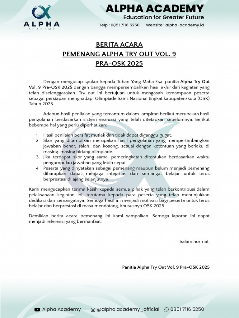 Berita Acara Pemenang Alpha Try Out Vol. 9 Pra-OSK 2025 | PDF