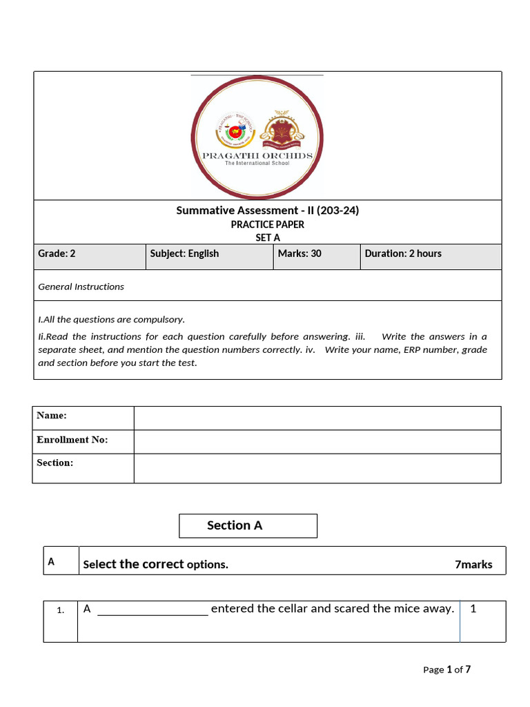 Grade 2 English Sample Paper SA II | PDF