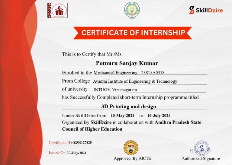 Internship Certificate - Potnuru Sanjay Kumar - SDST-27826 | PDF