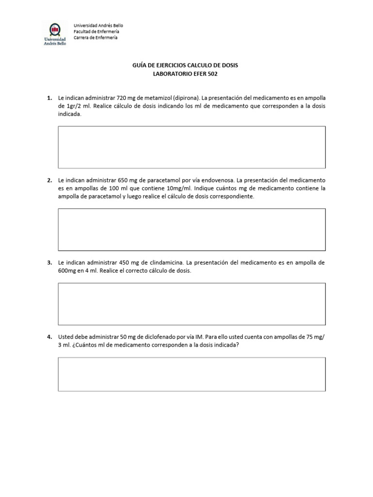 Guía de Ejercicios Cálculo de Dosis | PDF | Medicamentos con receta | Tratamientos médicos