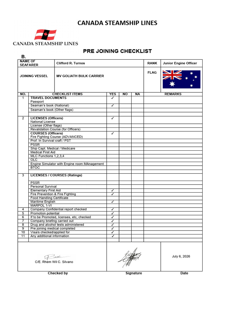 Canada Steamship Lines Pre-Joining Checklist | PDF