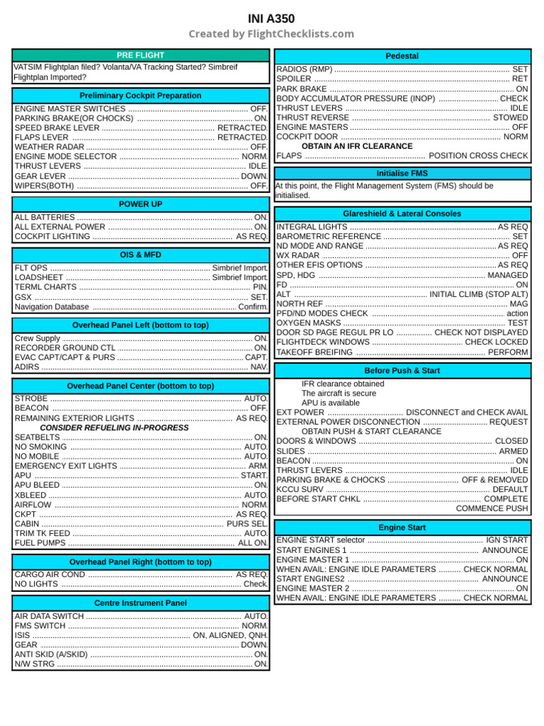 INI A350 Pre-Flight Checklist | PDF | Cockpit | Takeoff