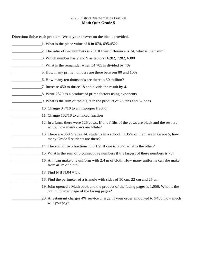 2023 District Mathematics Festival Quiz Bee Grade5 | PDF