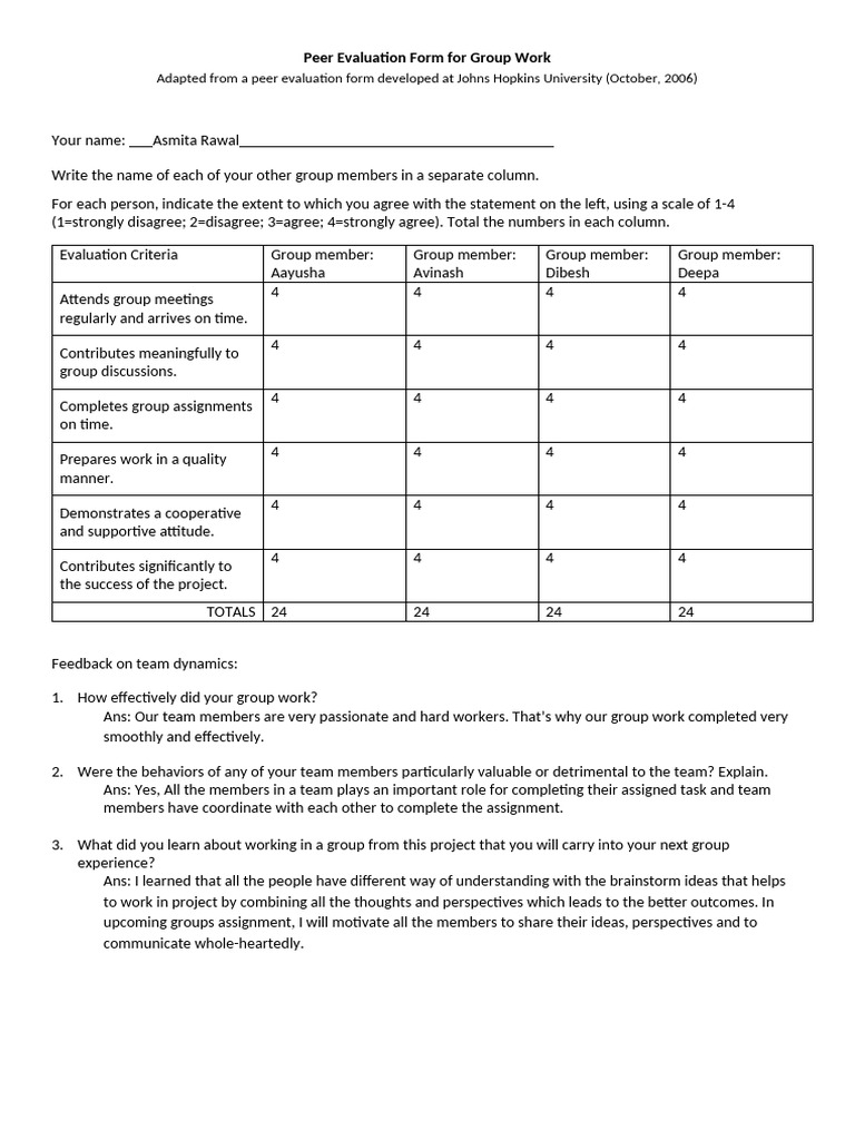 Peer Evaluation Form for Group Projects | PDF | Organizational Behavior ...