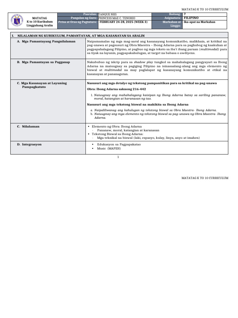 DLL Matatag - Filipino 7 Q4 W3 | PDF