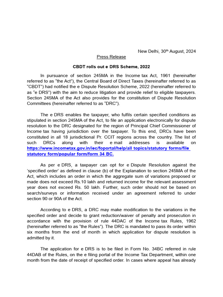 Press Release CBDT Rolls Out e DRS Scheme 2022 Dated 30 08 2024 | PDF ...