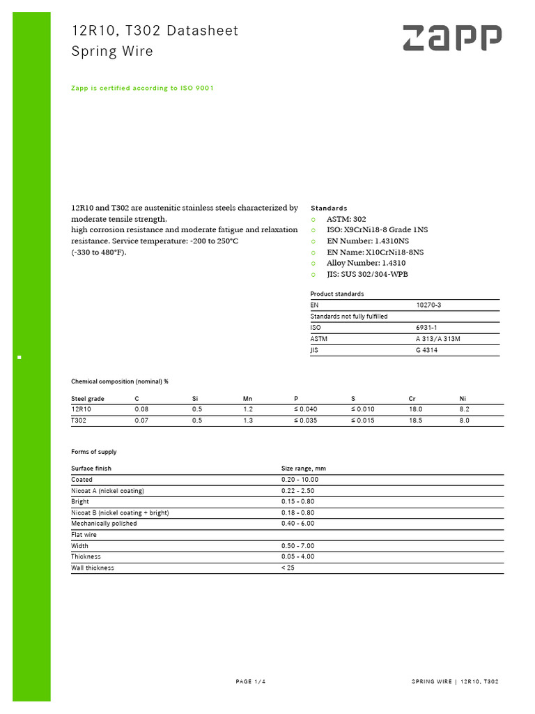 12R10 and T302 Spring Wire Overview | PDF | Strength Of Materials ...