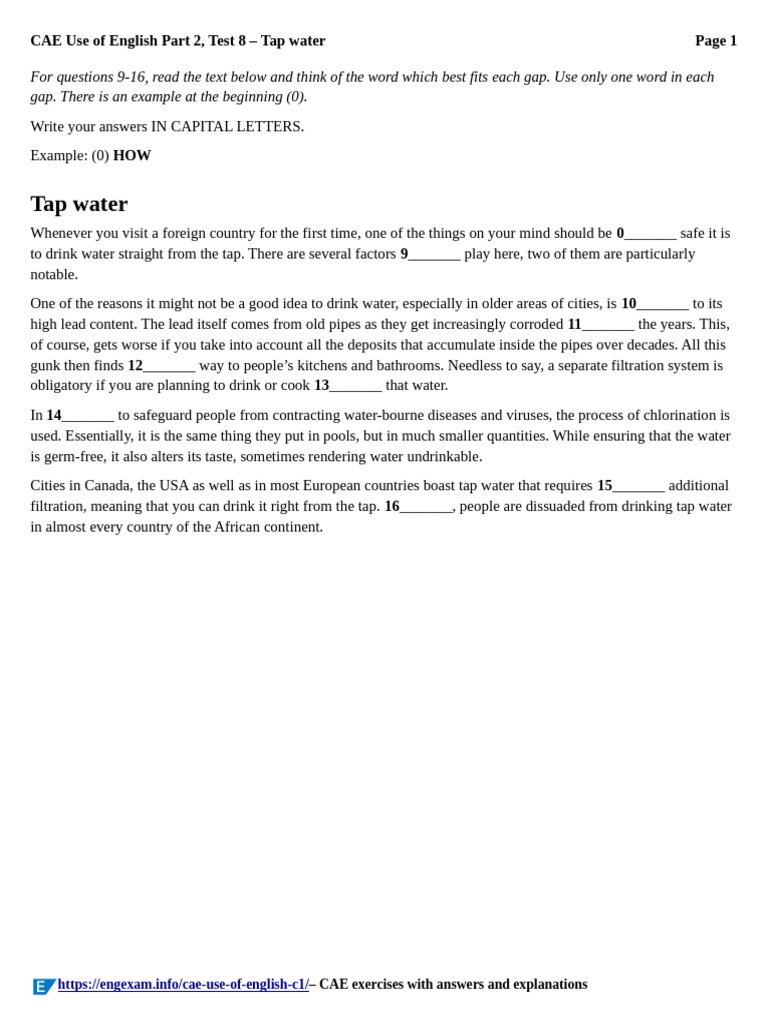 CAE Use of English Part 2, Test 8 - Tap Water | PDF | Water | Grammar