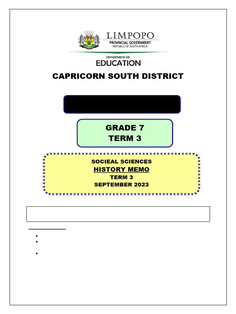 Grade 7 S.S History Term 3 2023 Test MEMO | PDF
