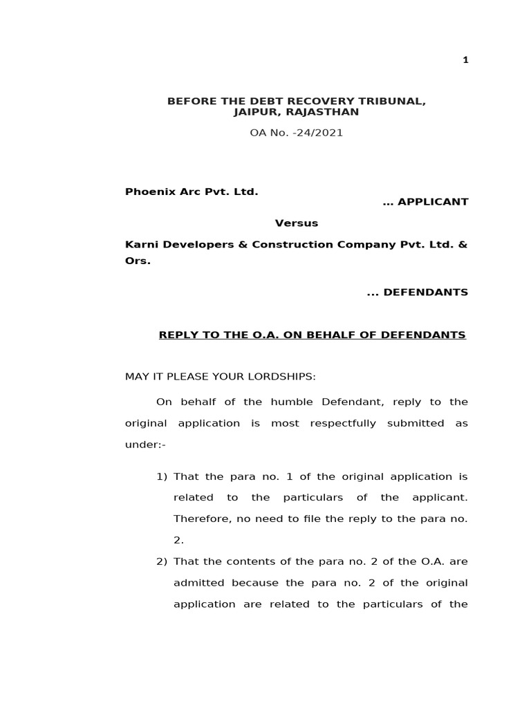 DRT Reply For KARNI DEV Phoenix Arc Pvt. Ltd. Vs Karni Developers | PDF | Common Law | Justice